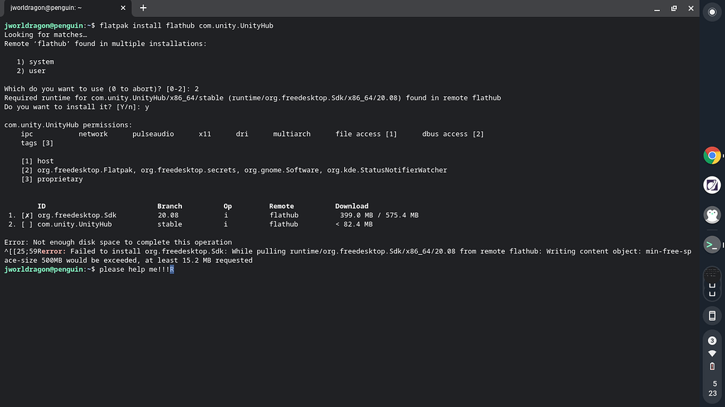 I have enough space, but unity still wont install - Flathub Discourse
